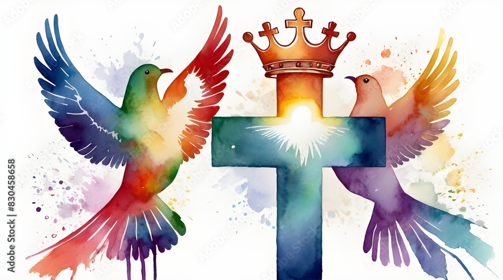 Holy Trinity symbols. Cross, crown and dove of Holy Spirit. Watercolor ...