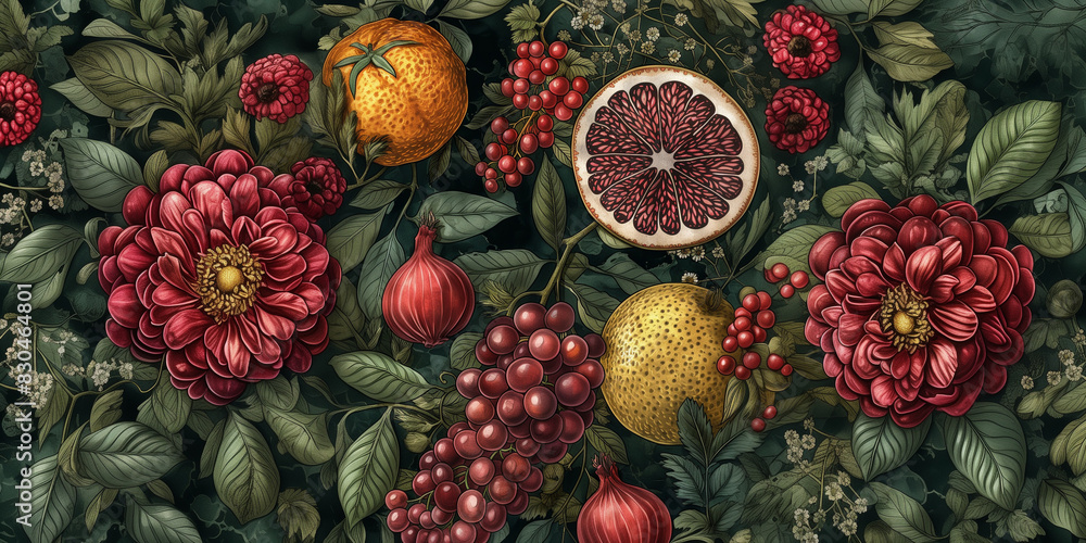 Different types of fruits, vegetables botanical illustration. Vibrant ...