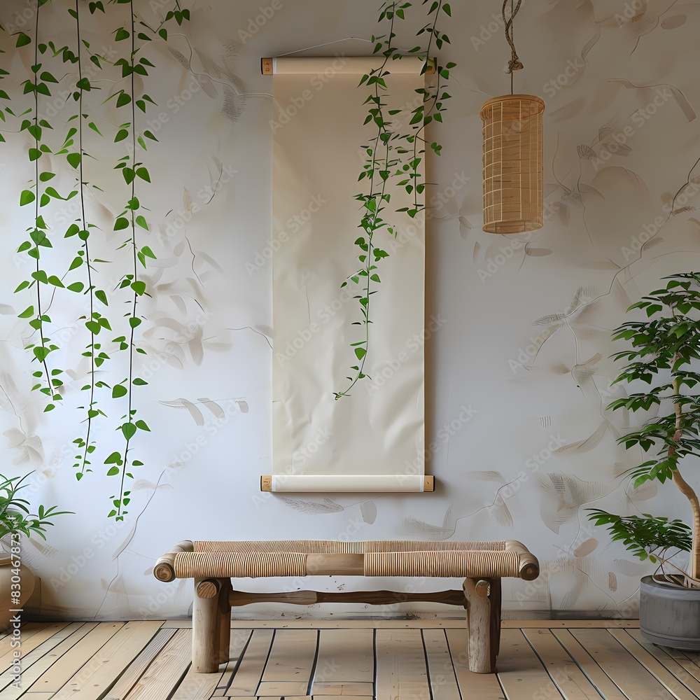 Mock up blank poster paper scroll , wooden scroll frame on the wall for ...