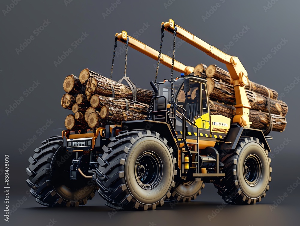Forestry forwarder with a log grapple, transporting logs, detailed ...