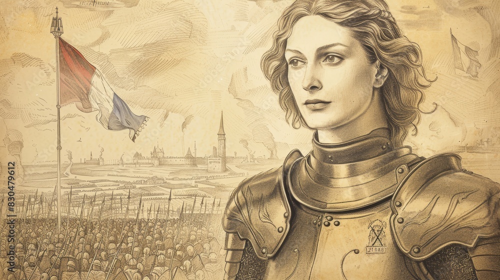 Biblical Illustration of St. Joan of Arc in Armor Leading Army with ...