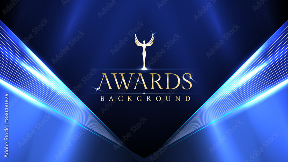 Blue awards graphic background with light neon effects with bokeh ...