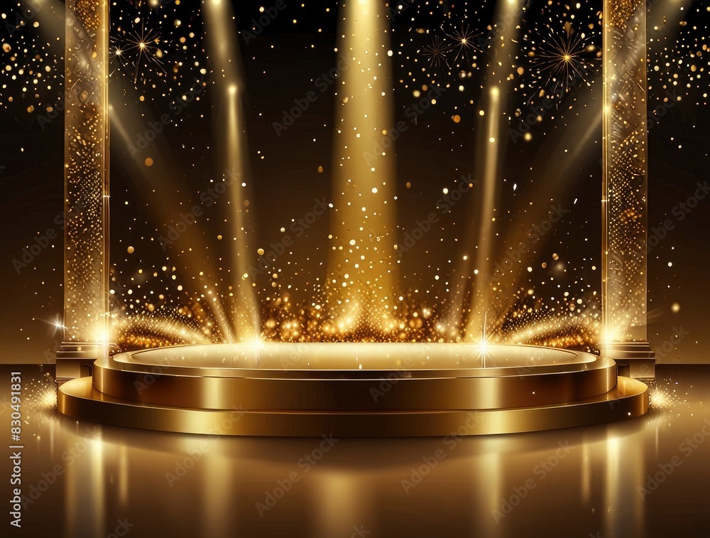Gold stage scene with glitter light effects decorations and bokeh ...