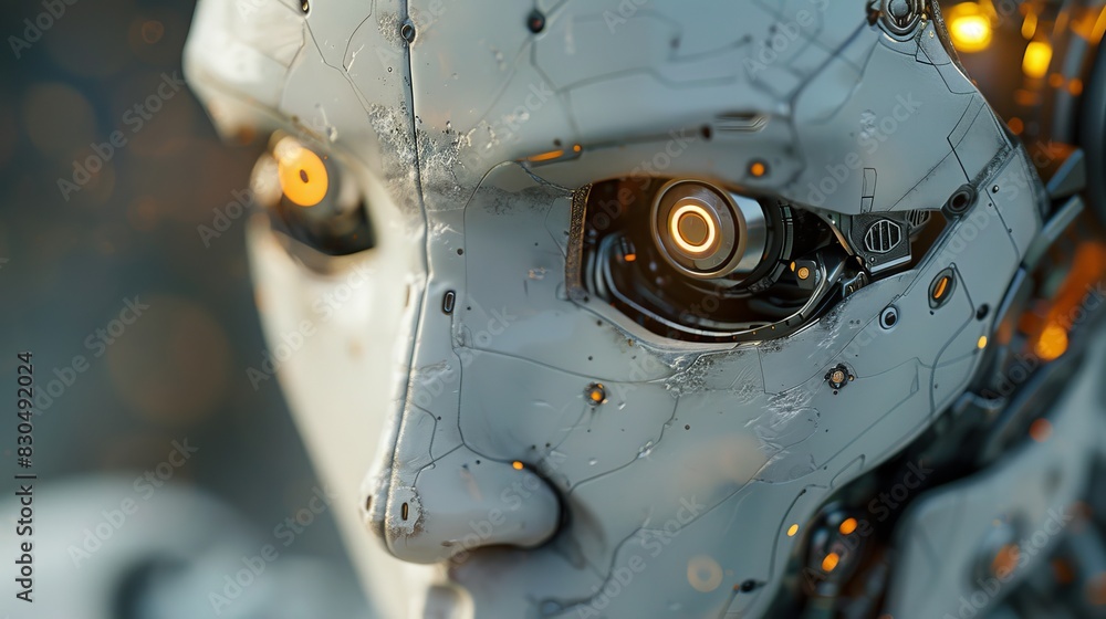Close-up focuses on an ai robot's face, where digital eyes emote with a ...