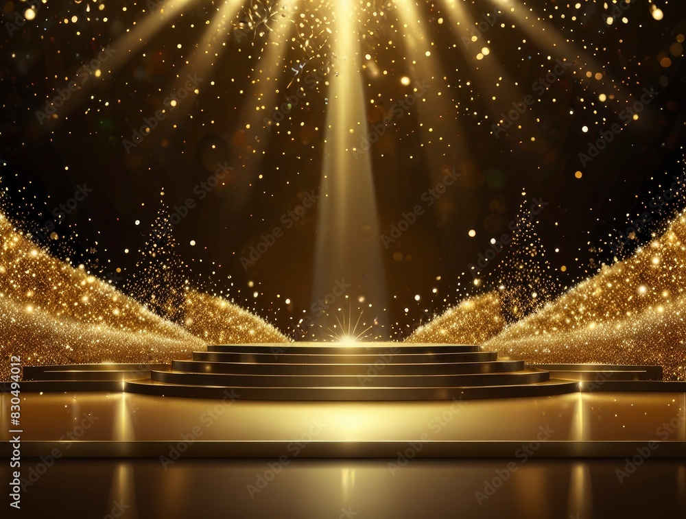 Gold stage scene with glitter light effects decorations and bokeh ...