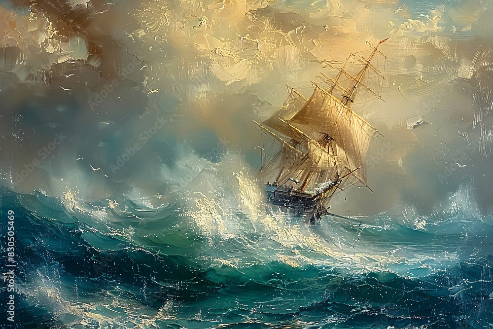 Landscape oil painting features battleship sail boat in the stormy sea ...
