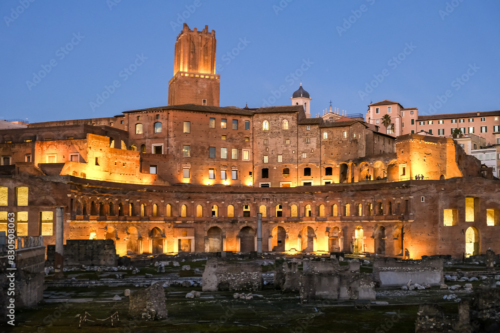 Cityscape of the Historic Center of Rome, Italy, at the Trajan's Forum ...