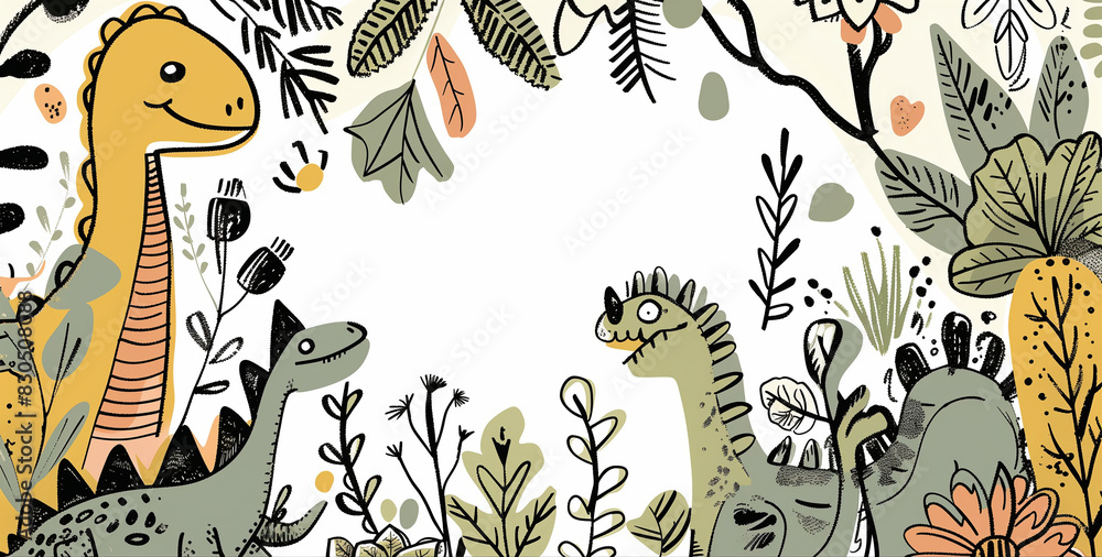 Cute card template and frame with dinosaurs, dino background, post card ...