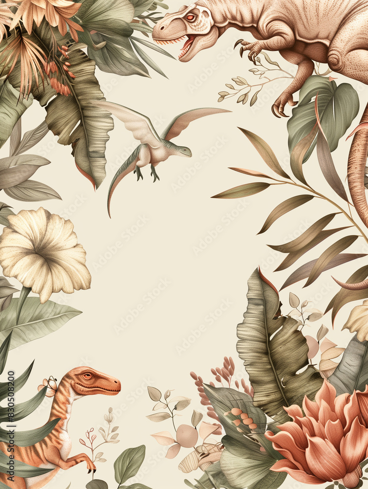 Cute card template and frame with dinosaurs, dino background, post card ...