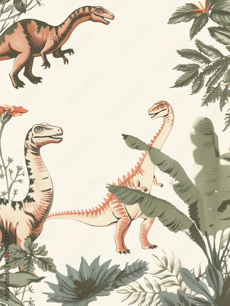 Cute card template and frame with dinosaurs, dino background, post card ...