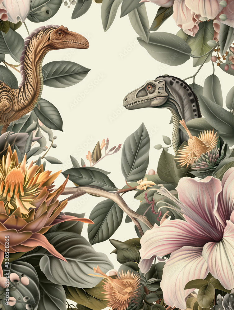 vintage style dinosaur floral illustration wallpaper, dino birthday ...