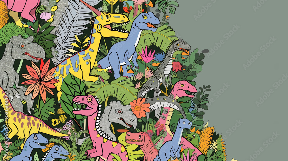 vibrant color dinosaur and pizza Kids cartoon vector background ...