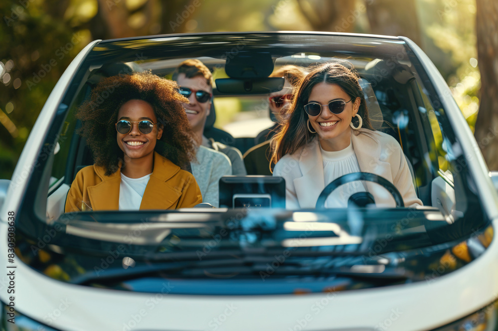 Group of friends carpooling in electric vehicle, urban mobility ...