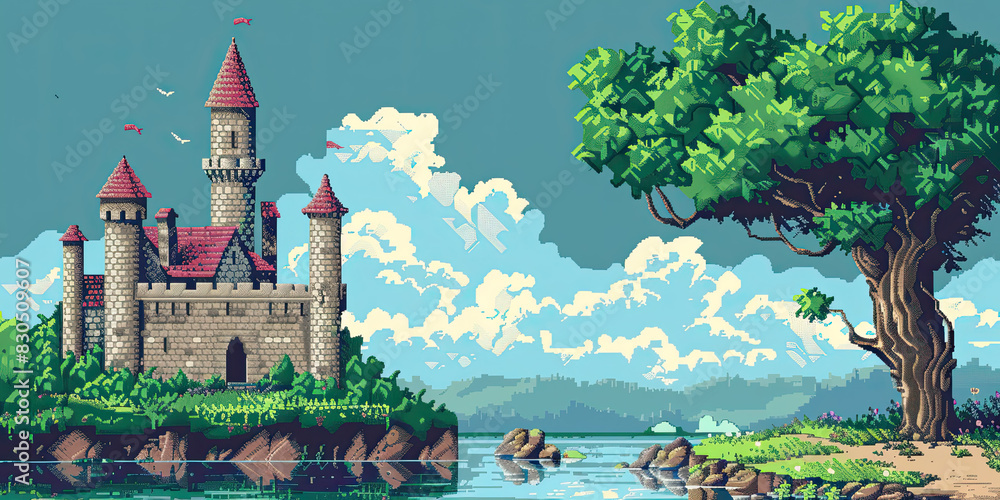 Castle background, video game style illustration castles towers 8-bit ...