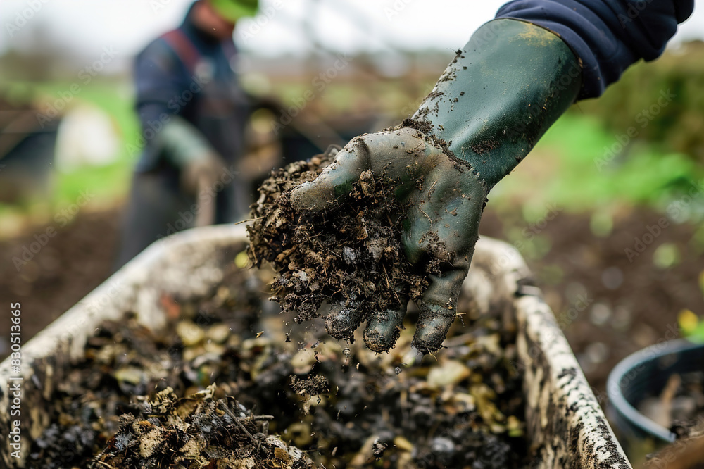 Workers composting organic matter, nutrient-rich soil in biodynamic ...