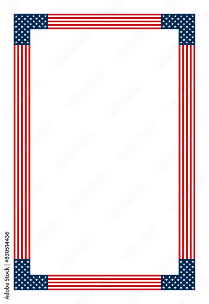 American flag motif, vertical rectangle frame. Decorative rectangular ...