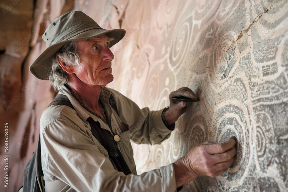 Archaeologist studying monolithic cave art, mysteries of prehistoric ...