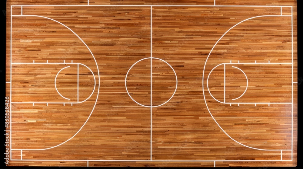 A single basketball court occupies the center, with a basketball placed ...