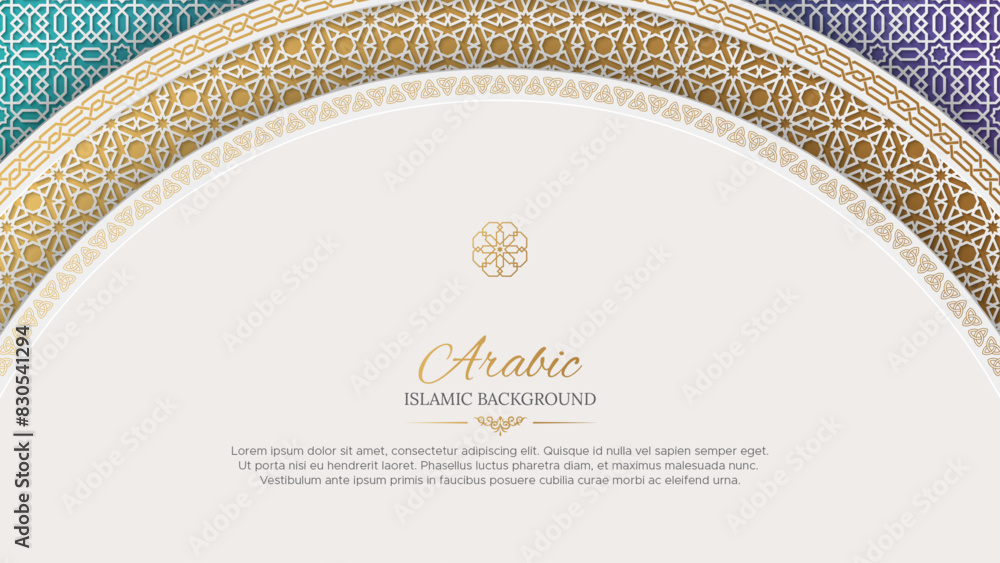 Colorful Islamic greeting card background with interlaced arabesque ...