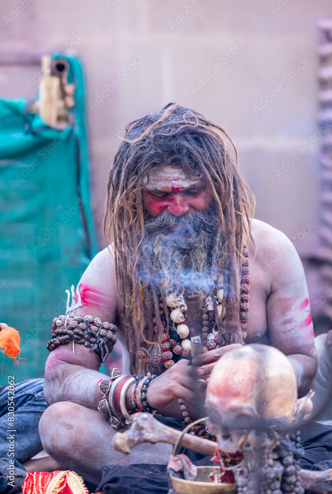 Portrait of an naga aghori sadhu holy man with pyre ash on his face and body performing aghor ...