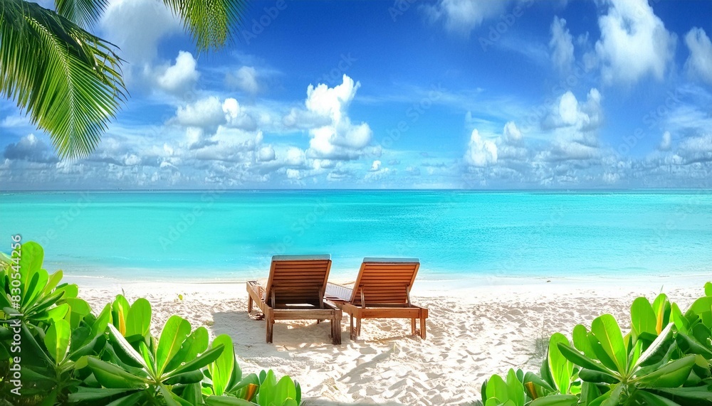Scenic beach with lounge chairs and palm trees Wooden beach chairs on white sand with turquoise ...