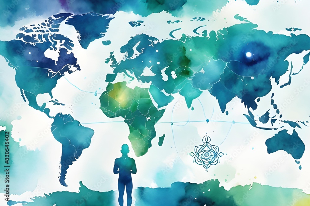 abstract human meditator chakra universe power world map background ...