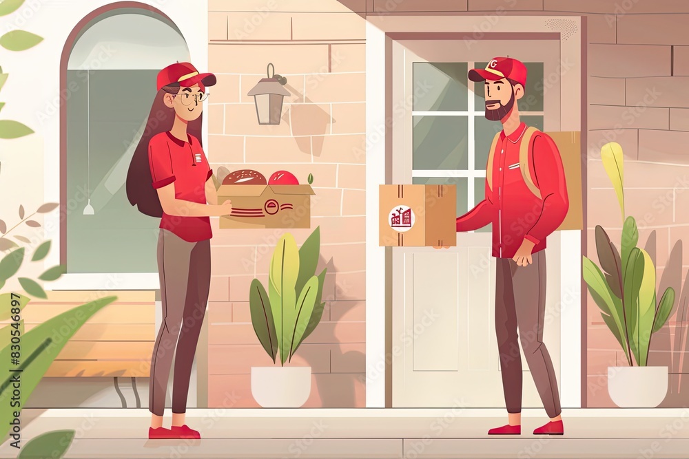 The smart food delivery service man, dressed in a red uniform ...