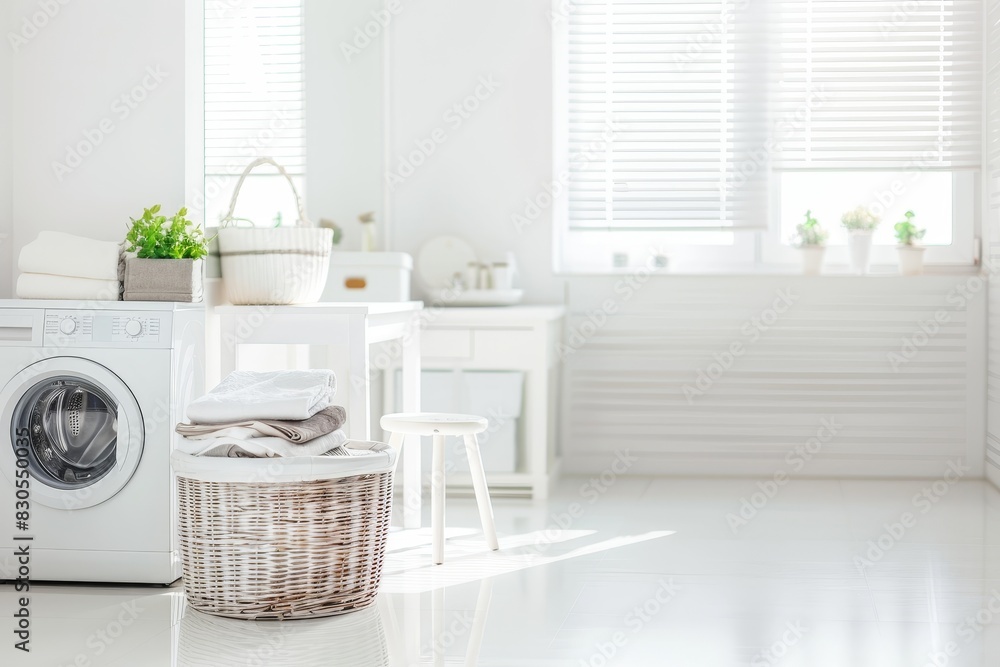 A clean and minimalist laundry room with a washing machine, neatly ...