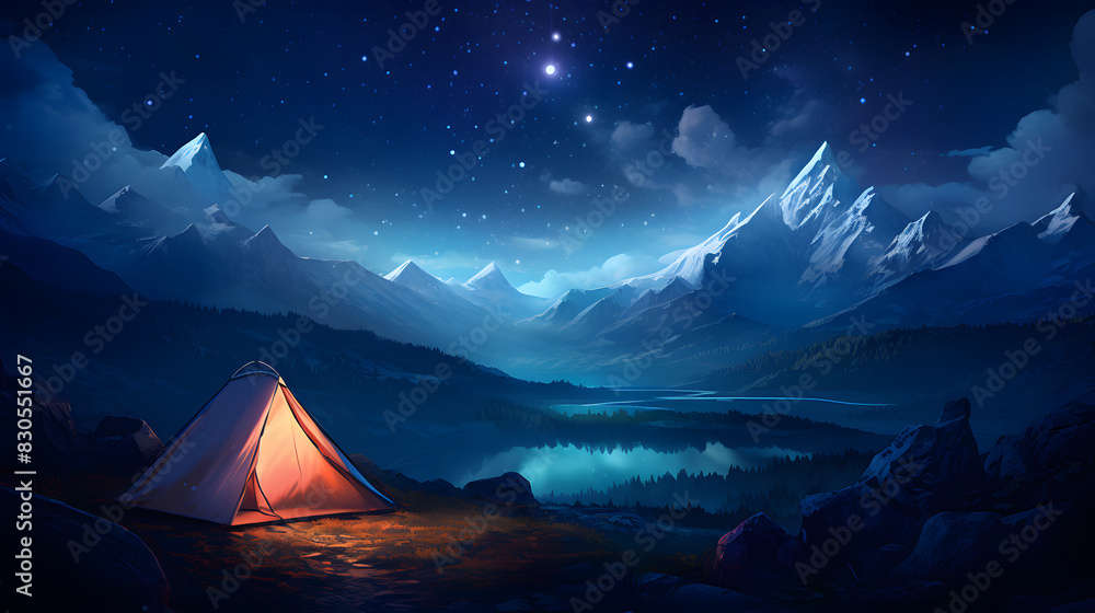digital cyan blue night mountains and stars design graphics poster ...