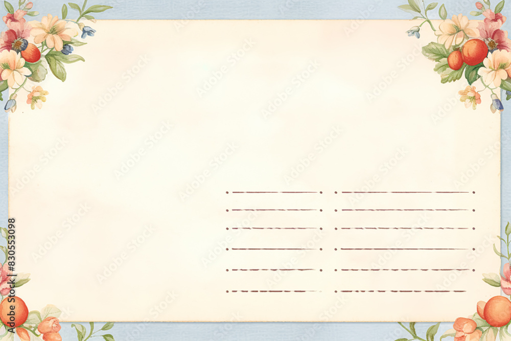 Blank vintage floral lined paper recipe card background for printable ...