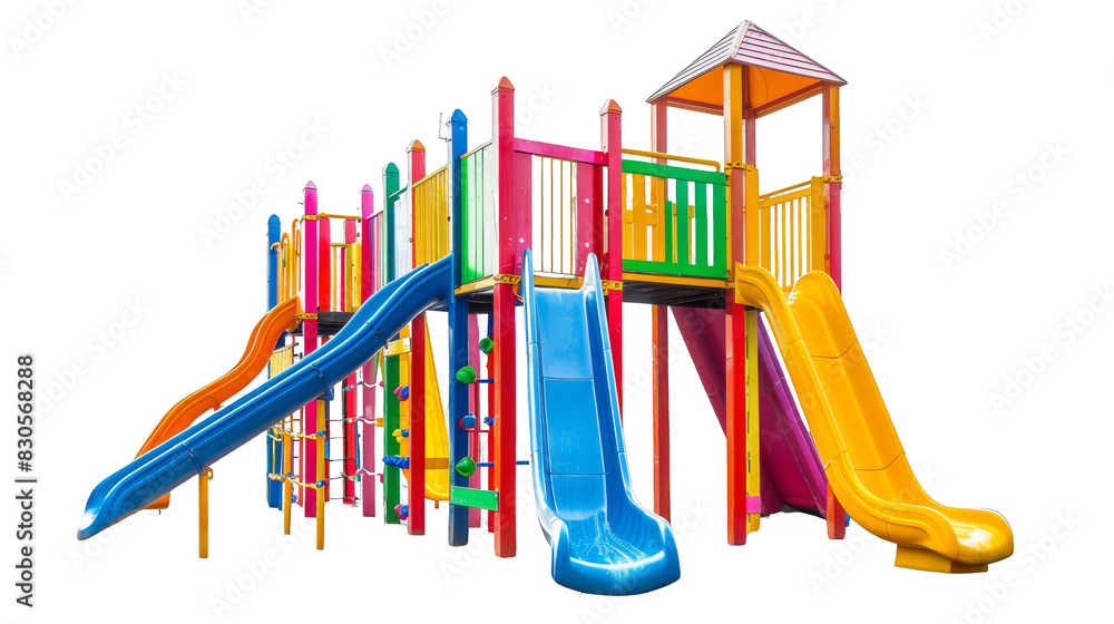 Colorful playground with a blue slide and a red slide. The playground ...