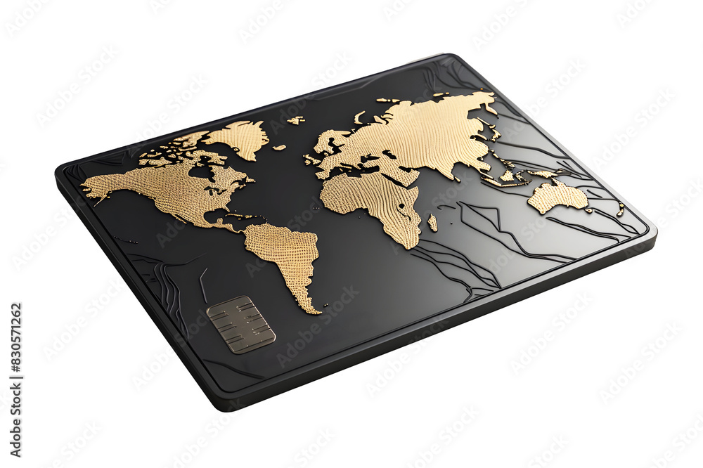 Digital credit card display black. Gold world map pattern isolated on ...
