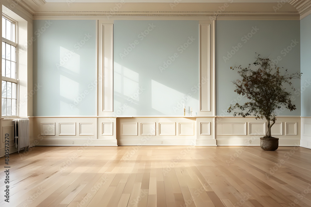 Minimal style interior light blue empty room modern, wood floor in ...