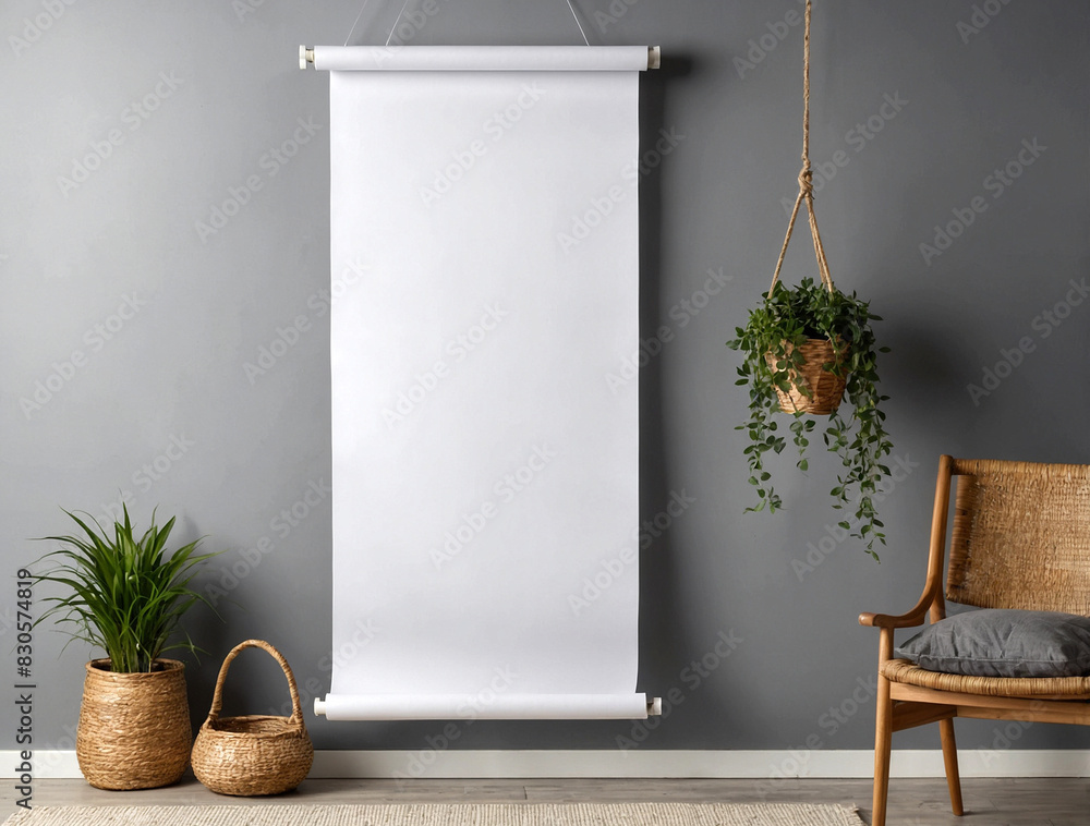 Mockup of a white paper roll hanging on the wall side view with a ...