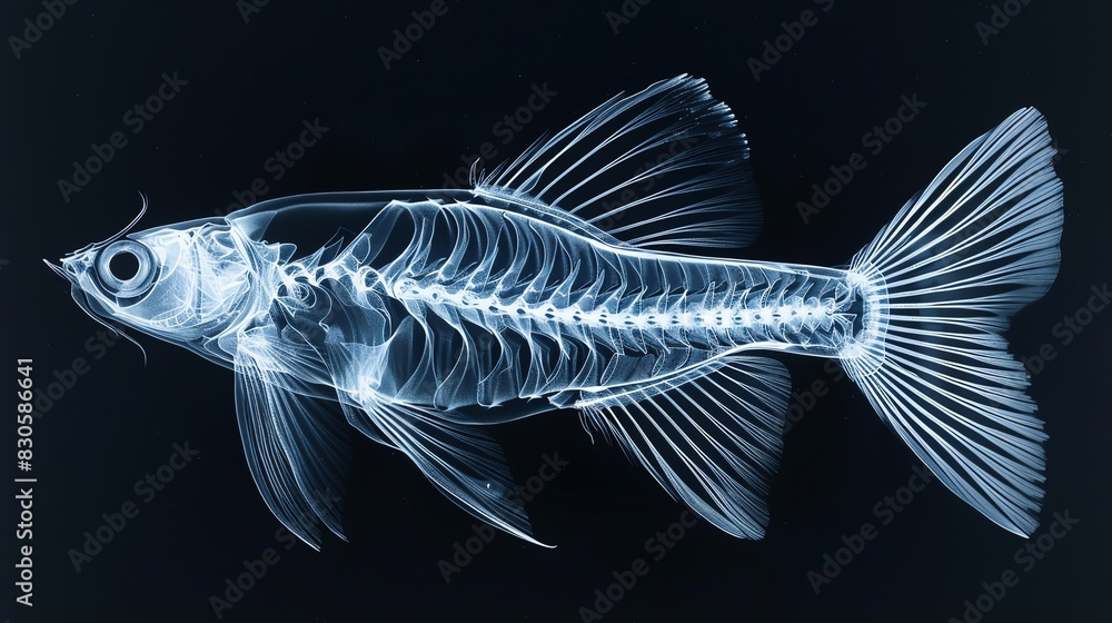Xray of a fish with visible spine and fin bones, displayed on a black ...