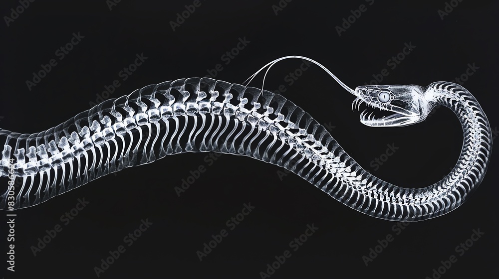 Xray of a snakes elongated skeletal structure, set against a black ...