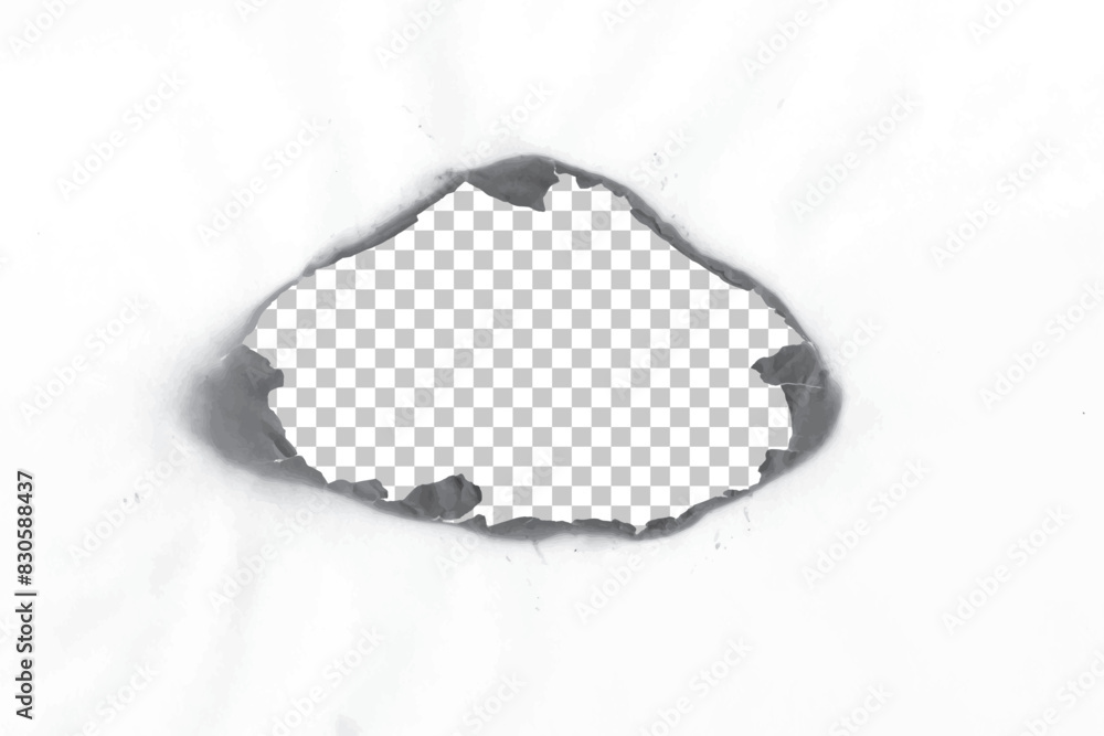 Hole burn in paper with gray edges and flames isolated on transparent ...
