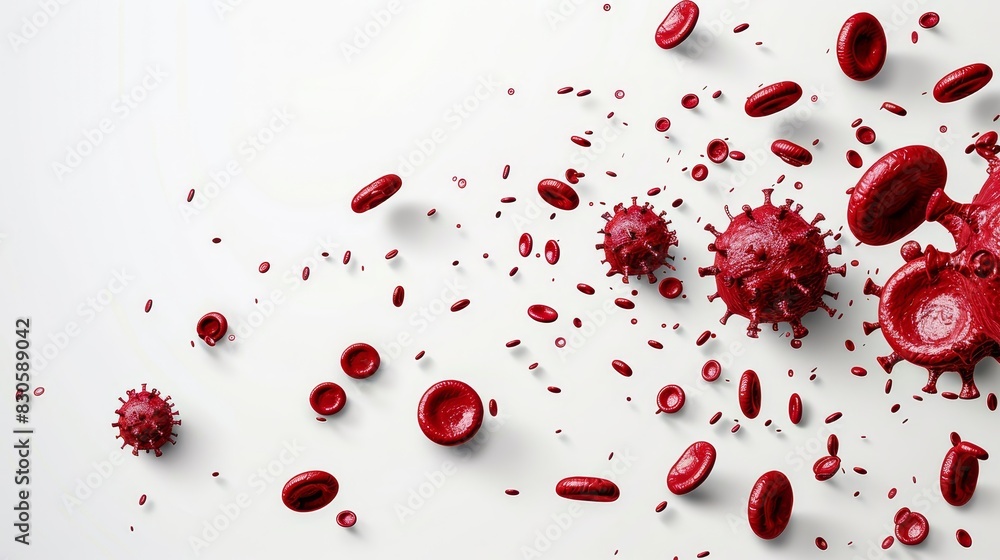 A group of red blood cells on a white surface with ruptured capillaries ...
