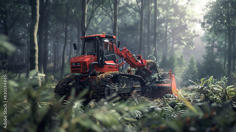 Forestry mulcher with rotating blades, clearing underbrush, realistic ...