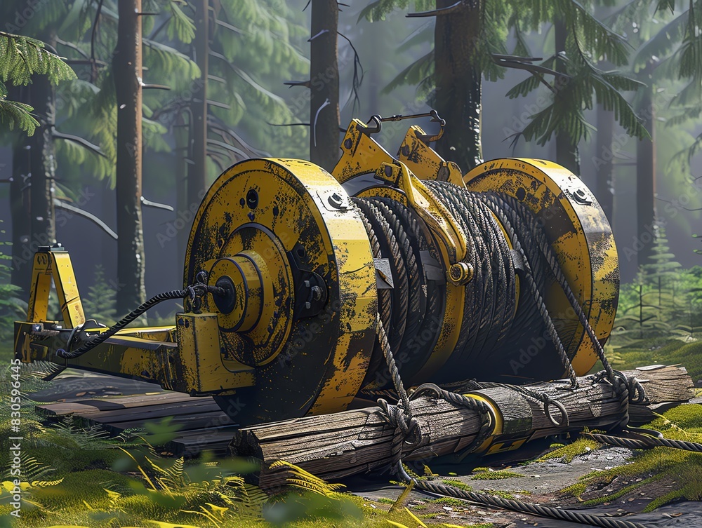 Forestry winch with a cable drum, pulling logs, detailed render Stock ...