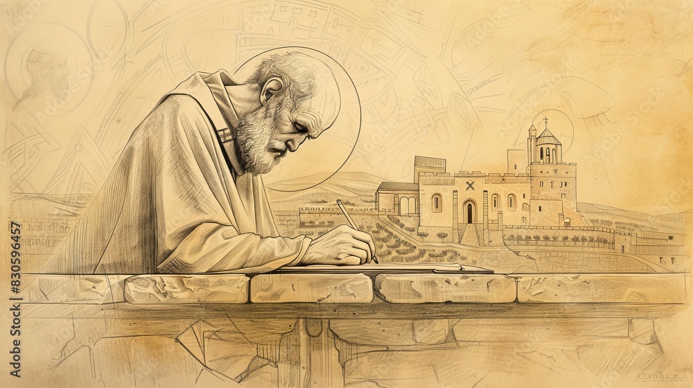 Biblical Illustration of St. Bede the Venerable Writing in 8th-Century ...