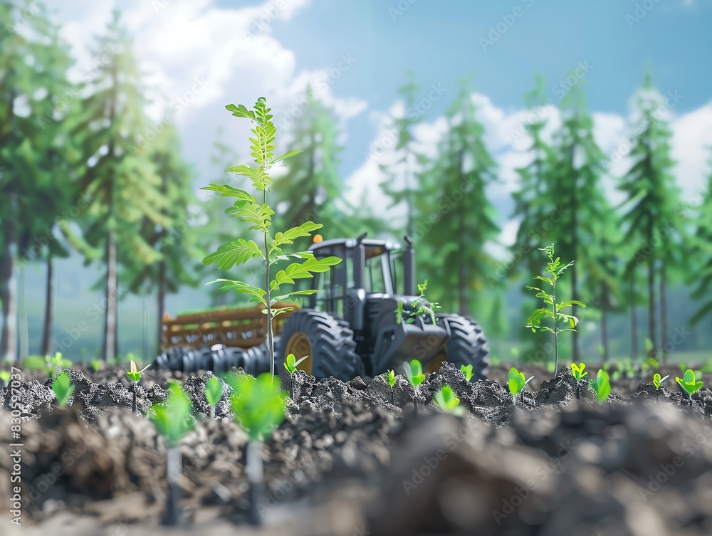 Tree planter machine planting saplings, in a reforestation project ...