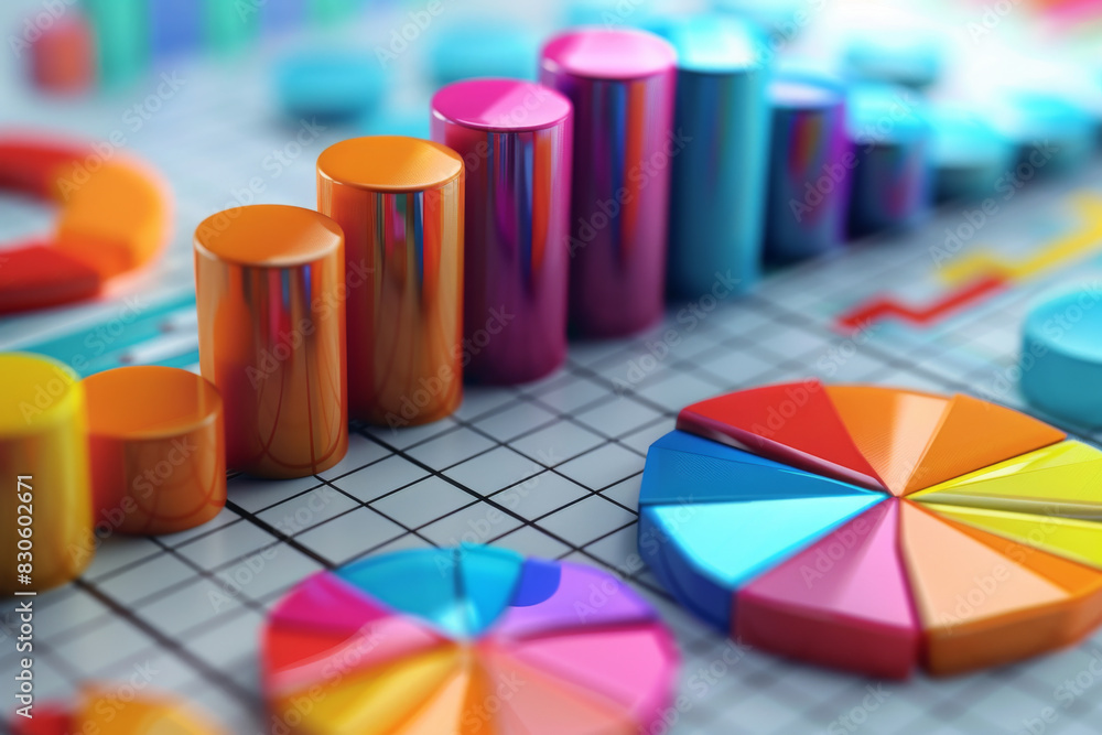 3D Bar Graph and Colorful Pie Charts on a Grid Background Stock Photo ...
