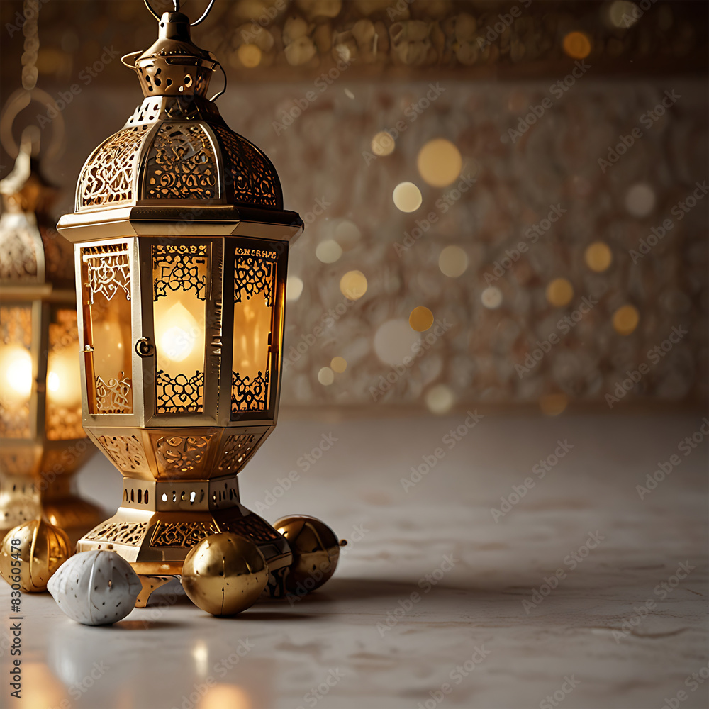 Islamic eid ul adha gold and white background lamp lighting horizontal ...