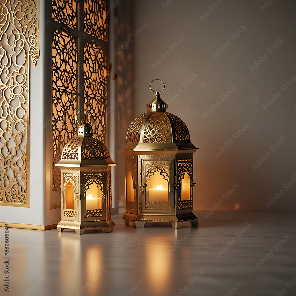 Islamic eid ul adha gold and white background lamp lighting horizontal ...
