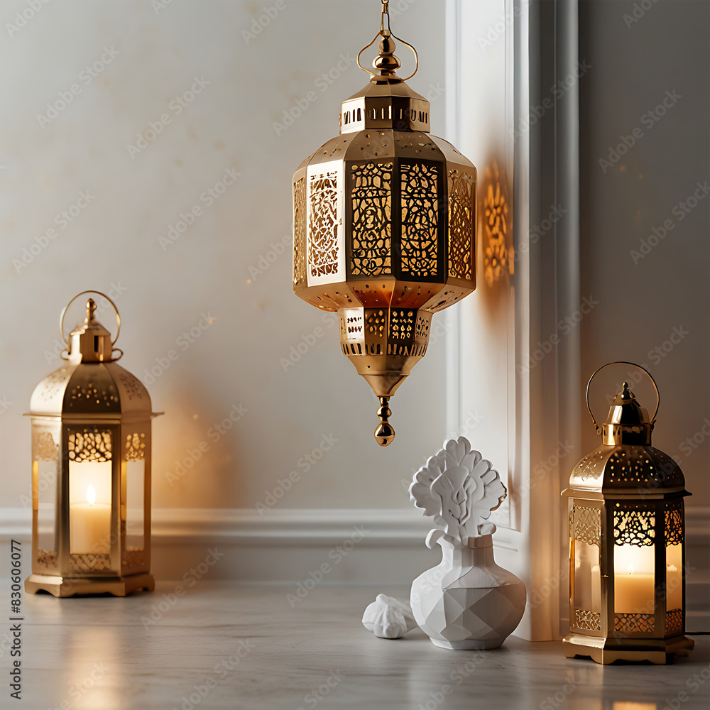 Islamic eid ul adha gold and white background lamp lighting horizontal ...