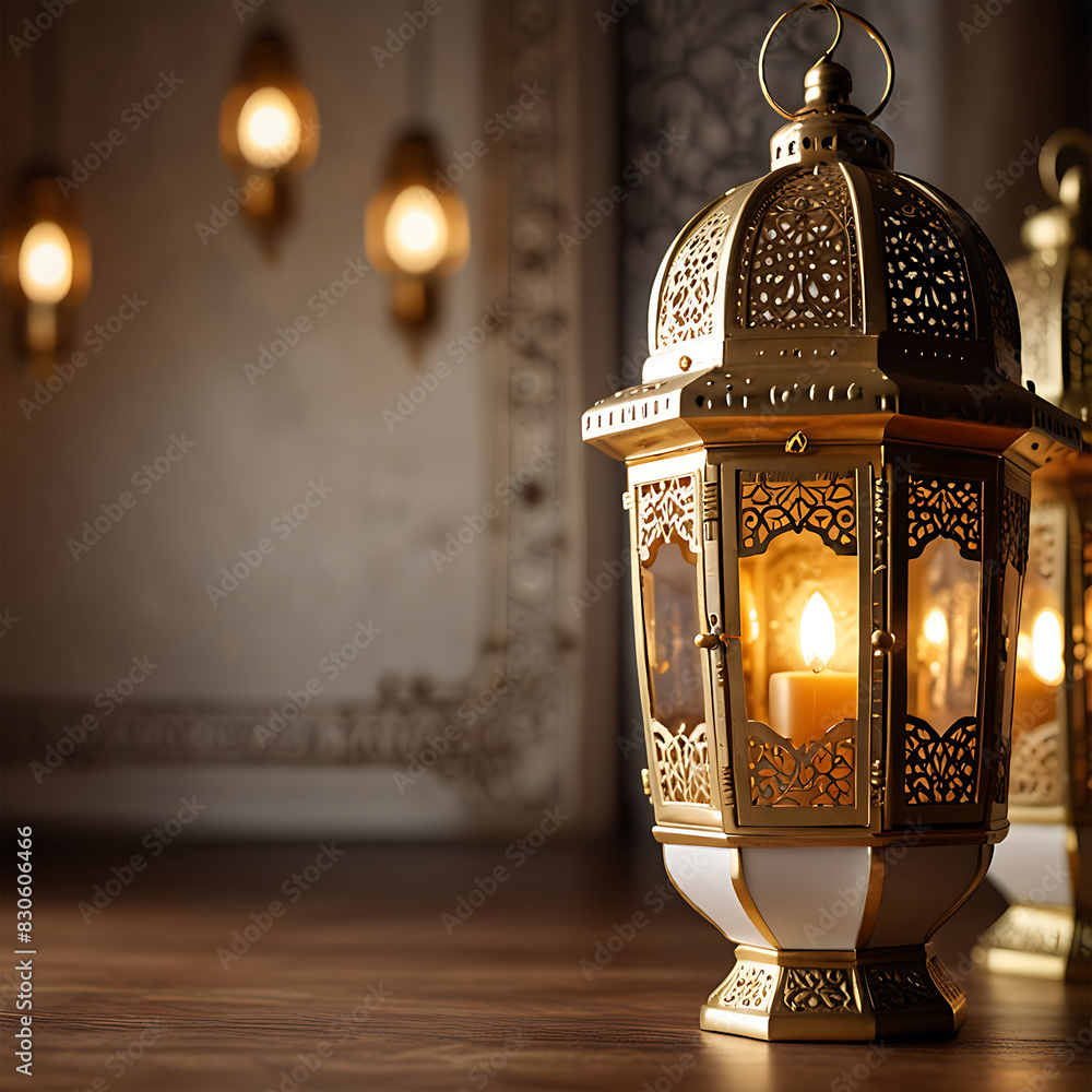 Islamic eid ul adha gold and white background lamp lighting horizontal ...