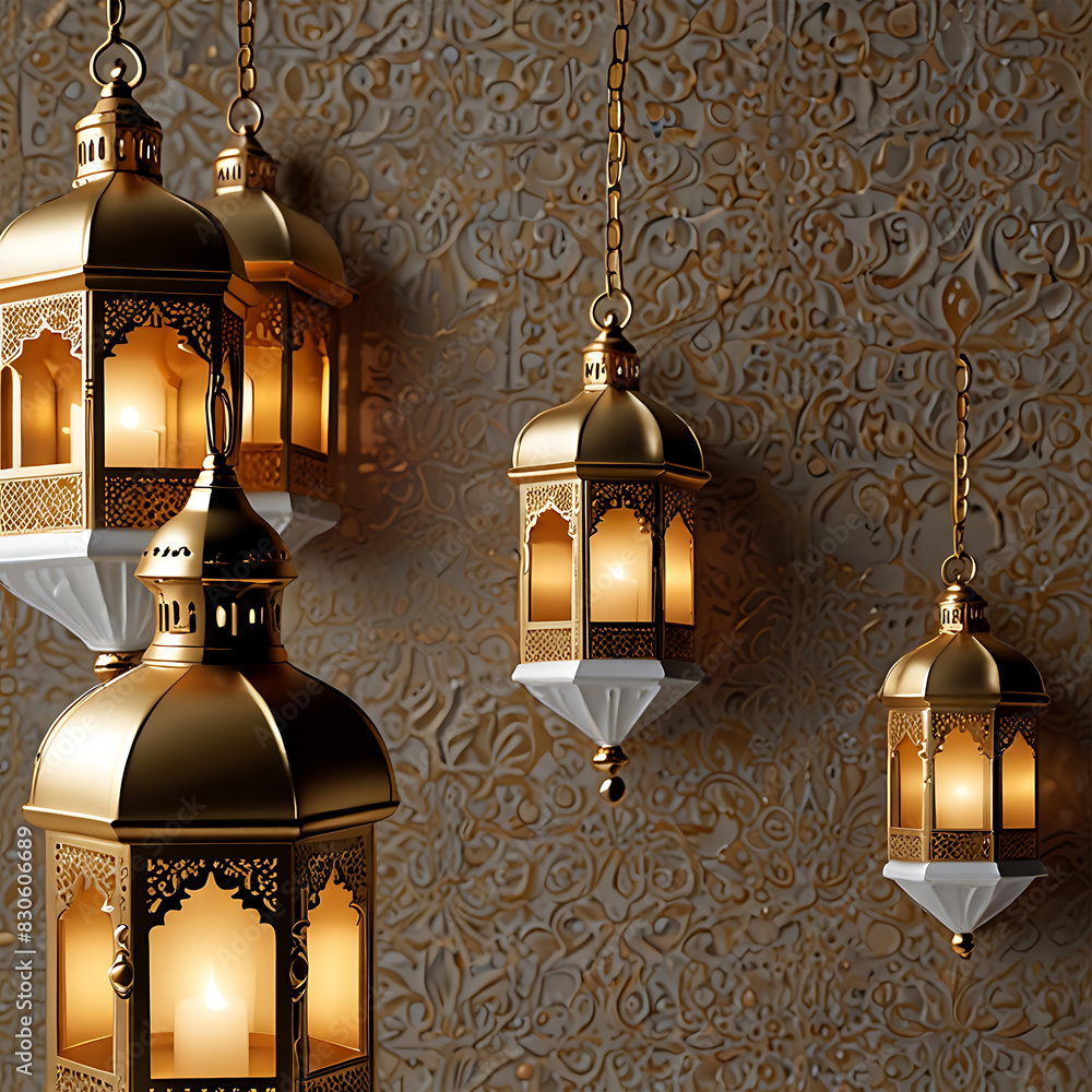Islamic eid ul adha gold and white background lamp lighting horizontal ...