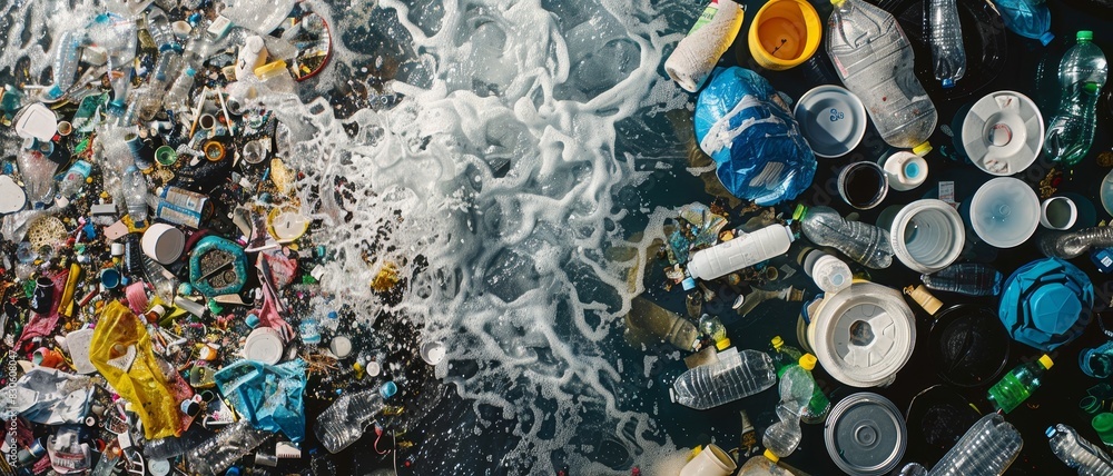 Ocean waves mix with a variety of plastic debris and garbage ...