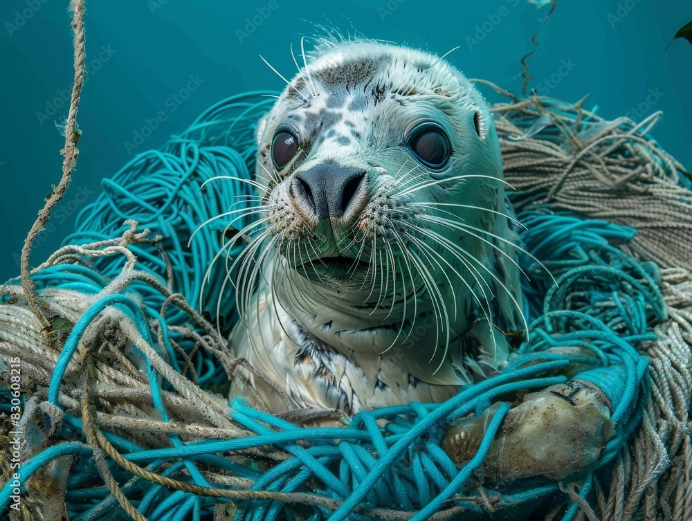 A seal entangled in fishing nets underwater, highlighting the severe ...